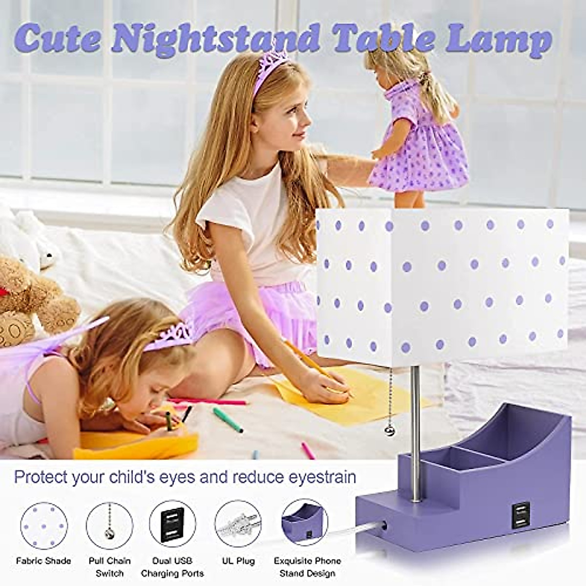 KAYBELE Kids Lamp for Bedrooms, Bedside USB Table Lamps, Purple Nightstand with Storage Base, Small Desk Lamp for Room Decor, Rotatable Lampshade(Without Bulb)