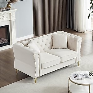 Sybrioka Loveseat Sofa Modern Velvet Couch for Living Room Chesterfield Style with Luxury Gold Metal Legs Button Tufted Nailhead Pillows (Beige, 2 Seater)