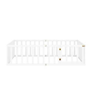 Bellemave Full Size Floor Bed for Kids, Montessori Bed Frame with Fence-Shaped Guardrails and Door, Wooden Floor Full Bed for Kids, Toddler, Boys Girls (White, Full Size)