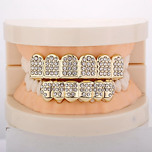 JINAO Gold Grill 14K Gold Plated Iced Out Teeth Grillz Top Bottom Tooth Caps Hip Hop Bling New Gold Shiny Fake Grills for Men Women (Gold)
