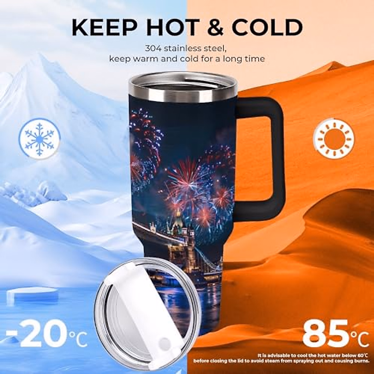 Fireworks over The Tower Bridge London Britain UK 40OZ Tumbler Stainless Steel Travel Mug Water Bottle Car Cup Tea Cups with Lid Black-style