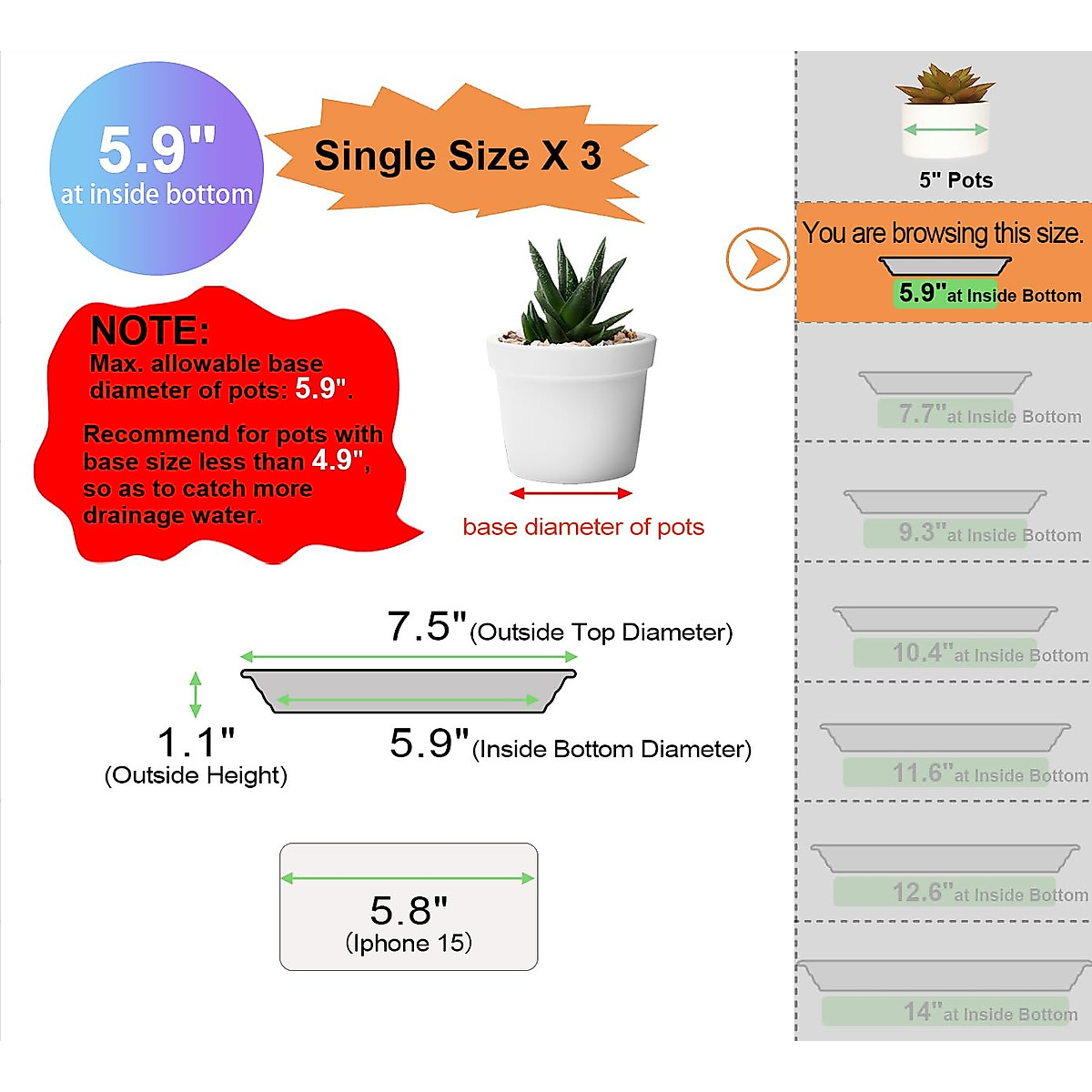 GREGICH 3 Pack Plastic Plant Saucer Tray 5.9" at Inside Bottom, 6 8 10 12 14 inch Plant Pot Saucers Plant Trays for Indoors, Thick Heavy Duty Planter Trays and Saucer Water Drainage Drip Tray Outdoors