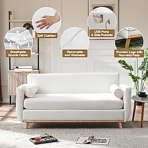 63" W Loveseat Sofa,White Boucle Couch with LED Lights and USB Ports Modern Fluffy Love Seat Couches 2 Seater Comfy All-Wood Washable Covers Sofa Furniture for Bedroom Living Room Small Space Office