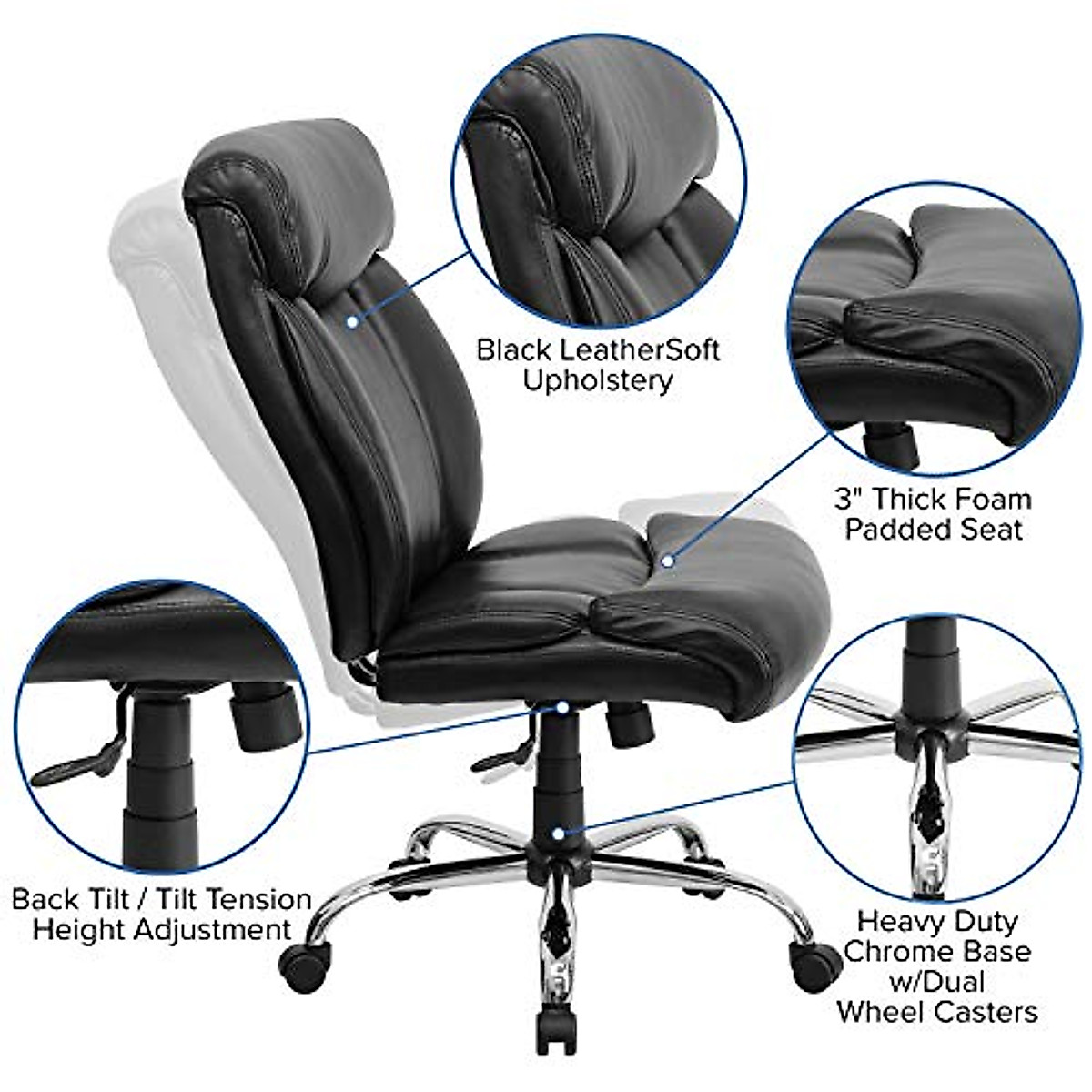 Flash Furniture HERCULES Series Big & Tall 400 lb. Rated Black LeatherSoft Executive Ergonomic Office Chair with Full Headrest