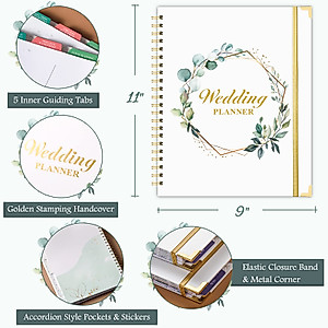 Wedding Planner - Wedding Planner Book and Organizer for the Bride with 5 Tabbed Sections, 12" x 9", Hardcover with Metal Corner + 5 Inner Pockets + Sticker + Elastic Closure Band