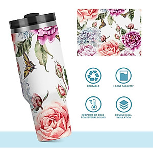 Yasala Car Tumbler with Handle Peony Butterfly Watercolor Travel Mug Coffee Cup Insulated Beverage Container Mega Cup for Hot Cold Drinking Thermos Water Bottle Cupholder Friendly 40 oz
