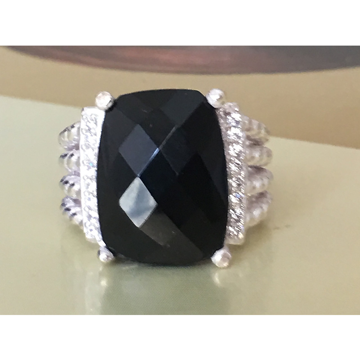 Designer Inspired Twisted Cable 16x12mm Black Onyx Checkerboard Cushion Ring Size 7, 9 (8)