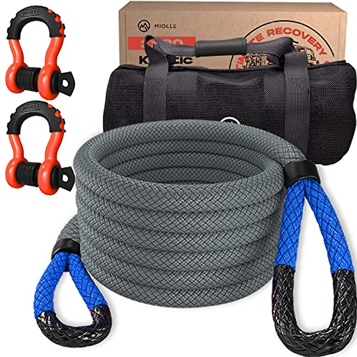 Kinetic Recovery Tow Rope (33,900lbs), with 2 D Ring Shackles (41,800lbs), Tow Rope for Truck Heavy Duty, Offroad Recovery Kit for 4WD Pick Up Truck, SUV, ATV, UTV (Silver-Blue, 1x30)