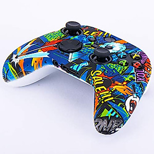 YoRHa Silicone Printing Thickened Cover Skin Case for Xbox Series X/S Controller x 1(Blue Graffiti) with Thumb Grips x 10