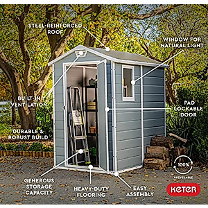 KETER Manor 4x6 Resin Outdoor Storage Shed Kit-Perfect to Store Patio Furniture, Garden Tools Bike Accessories, Beach Chairs and Lawn Mower, Grey & White