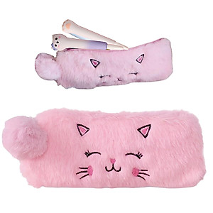 Cat Plush Pen Pouch Box with 2Pcs Kawaii Pens Cute Pen Organizer Case Aesthetic Adorable Estuche para Lapices (Pink)