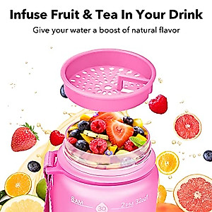 GOSWAG 32oz Motivational Water Bottles with Time Marker & Fruit Strainer with Times to Drink, Leakproof & BPA Free, Reusable Plastic Sports Bottle with Strap no Straw for Gym & School
