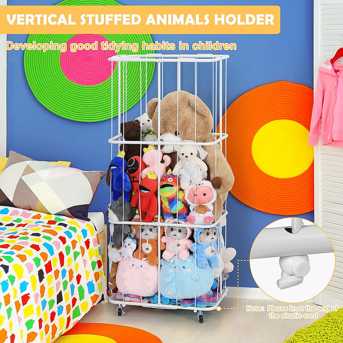 Ebeneze Metal Stuffed Animal Storage, Large Stuffed Animal Zoo Holder, Kids Toy Storage Organizer with Wheel and Elastic String, Plush Storage Shelf for Kids Room, Bedroom, Playroom, Nursery, White