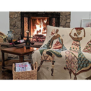 DaDa Bedding Elegant Dancing African Women Tapestry Throw Blanket - Festive Celebrate Kwanzaa w/Fringe Tassels - Cottage Woven Ethnic Culture Needle Stitched Design - 50” x 60” (7173)