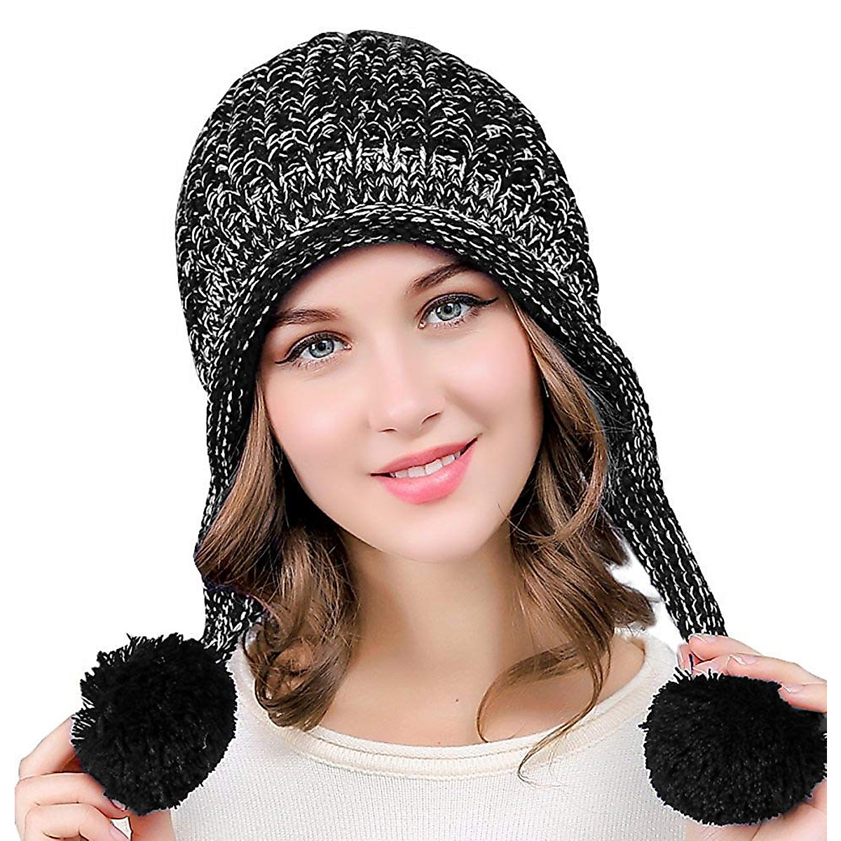 DOCILA Winter Knit Hats for Women Soft Faux Fur Pom Ear Flaps Beanie Warm Travel Ear Covers Peruvian Hat Fleece Liner Sherpa Skii Snow Camping Skully Cap (Black)