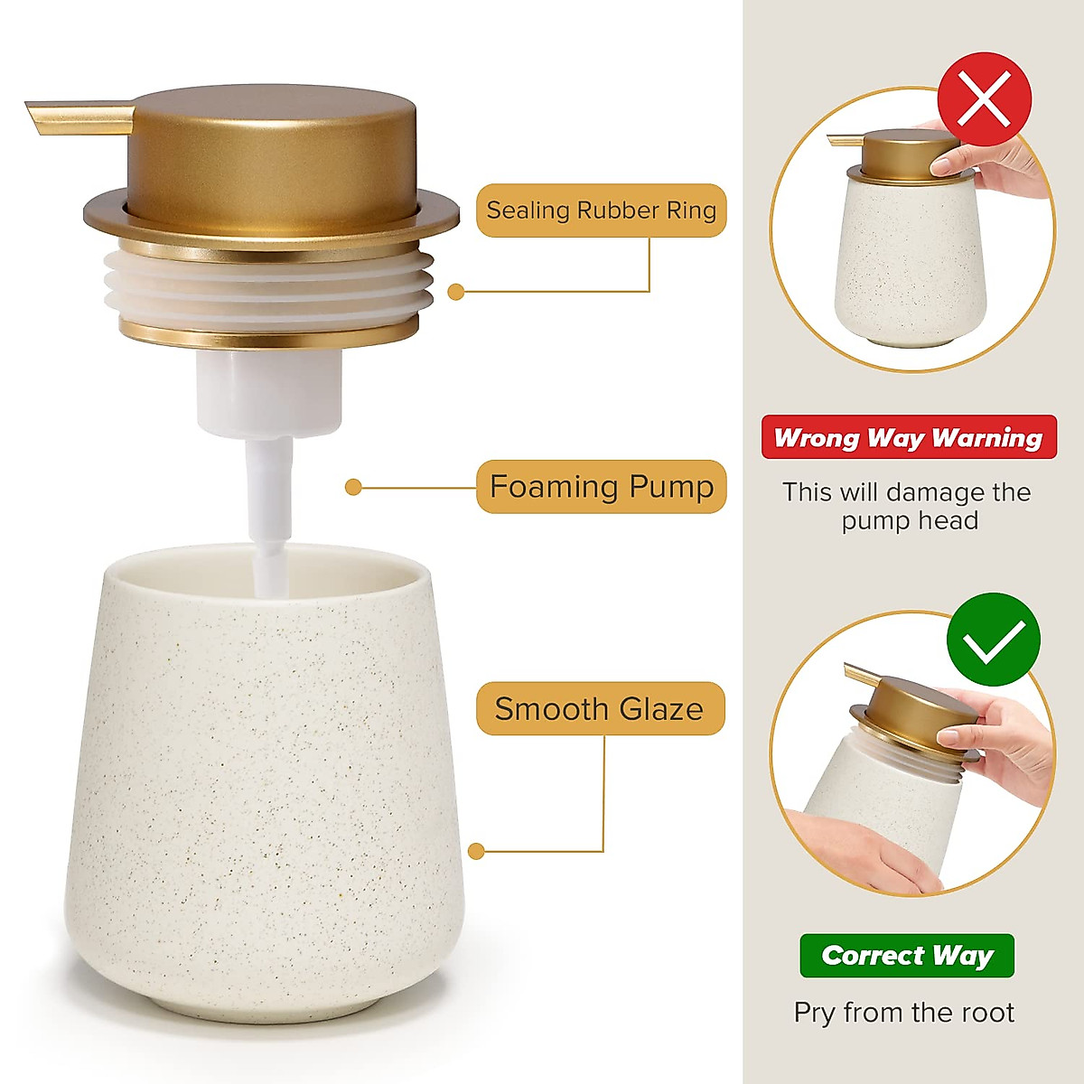 Foaming Soap Dispenser - 12 Oz Ceramic Soap Dispenser with Pump, Liquid Hand soap Dispenser for Bathroom & Kitchen, Refillable Lotion Dispenser