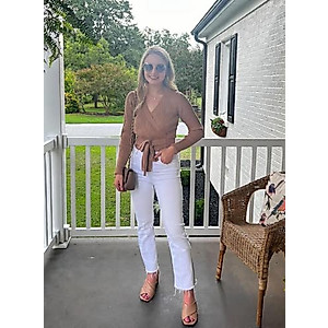 PRETTYGARDEN Women's Fashion Wrap V Neck Cropped Sweater Long Sleeve Solid Slim Fit Belted Pullover Ribbed Knit Sweater Tops(Small, Khaki)