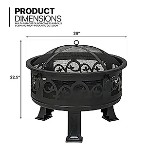 MoNiBloom 26" Fire Pit Floral Pattern Round Bonfire Outdoor Firepit Wood Burning Outdoor Fireplace with Mesh Spark Screen for Outside Backyard Bonfire Patio, Black