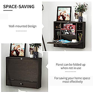 HOMCOM Wall Mounted Desk with Storage Shelves, Floating Desk with Foldable Tabletop, Space Saving Computer Writing Table, Coffee