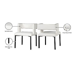 Meridian Furniture Caleb Collection Modern | Contemporary Upholstered Dining Chair with Squared Back and Sturdy Iron Legs, Set of 2, White Faux Leather, Matte Black, 23" W x 21" D x 30" H