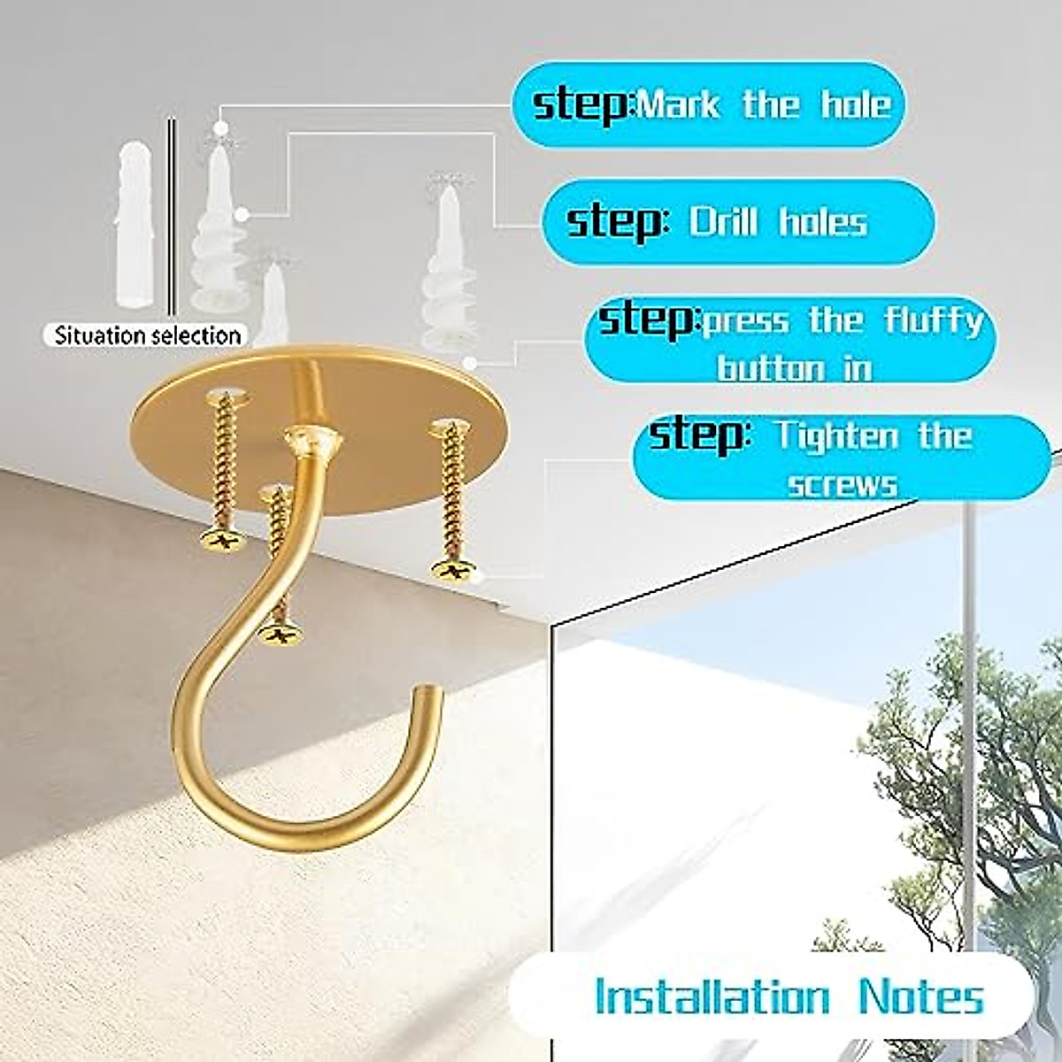 Ceiling Hooks for Hanging Plants - Metal Heavy Duty Wall Mounted Hangers for Hanging Bird Feeders, Planters, Wind Chimes, Include Professional Drywall Anchors (3-Pack) (Gold)