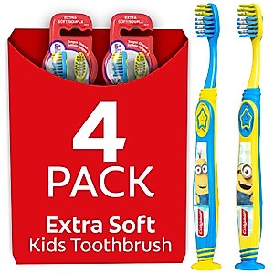 Colgate Kids Toothbrush, Minions, With Extra Soft Bristles and Built In Suction Cup Holder, 4 Pack