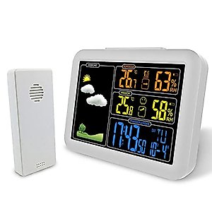 XARONF Weather Station Indoor Outdoor Thermometer, Color Display Digital Temperature Humidity Monitor, Weather Thermometer Forecast Station with Atomic Clock (Color : White)