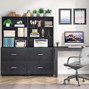 Tribesigns Vertical File Cabinet Modern Wood Filing Cabinet with 2 Large Drawer fit Letter/A4 Size, Large Printer Stand with 4 Open Storage Bookshelves for Home Office, Black