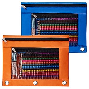 Sooez Pencil Pouch for 3 Ring Binder, 2 Pack Fabric Binder Pouch with 2 Pockets, Pencil Bags with Zipper and Reinforced Grommets, Pencil Cases for Binder