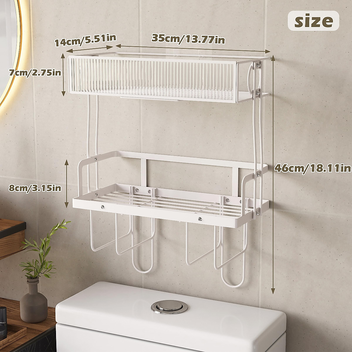 COVAODQ Bathroom Organizer Over The Toilet Storage Cabinet 2-Tier Bathroom Storage, Bathroom Shelves with Paper Rack 2 Tier