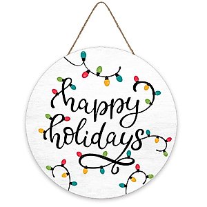Happy Holidays Wooden Hanging Sign Wooden Holiday Decor for Front Door Xmas Colorful Light Bulb String Print for Front Door Wall Porch Decorations 12x12 Inch