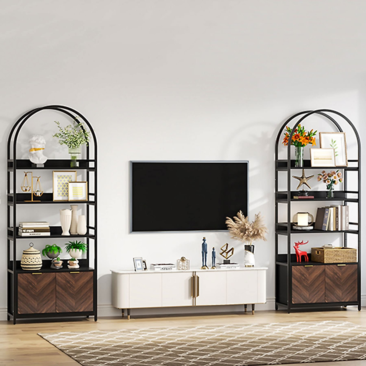 Tribesigns 2PC Bookshelf with Door, 75.9 Inch Tall Etagere Bookcase with Storage Cabinet Shelf, 4-Tier Display Shelf for Bedroom Living Room (Black, 2PC)