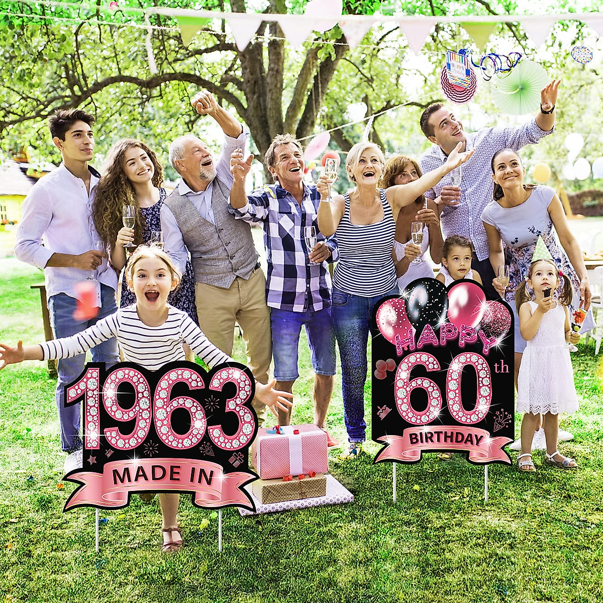 2Pcs Rose Gold 60th Birthday Yard Sign Decorations for Women, 16'' Happy 60th Birthday Waterproof Lawn Signs Decorations with Stakes Made in 1963 Birthday Party Supplies Decor Outdoor