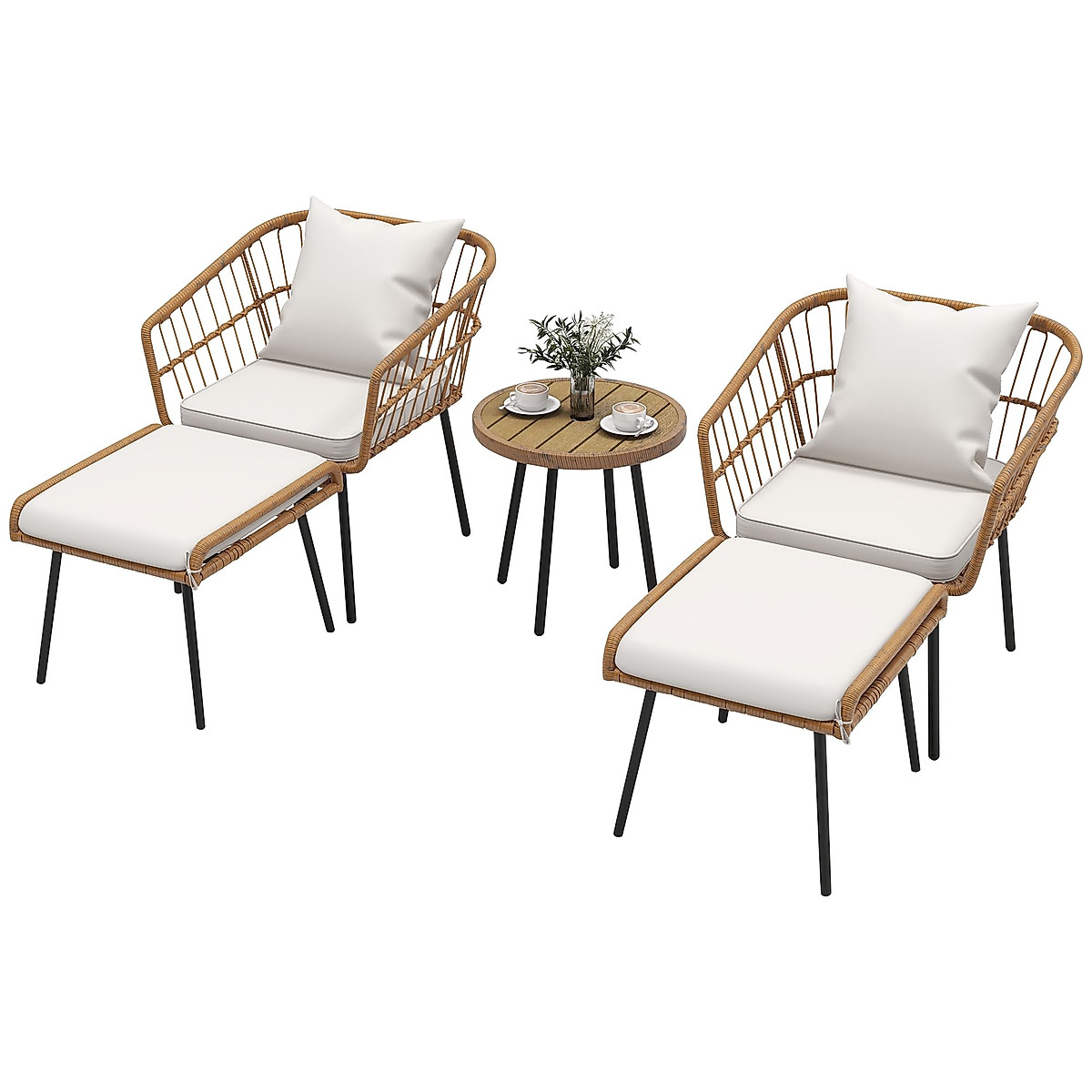 DWVO Patio Furniture Set, 5 Pieces Wicker Outdoor Patio Bistro Set with Ottomans Footrest and Side Table for Porch Balcony Yard Garden Backyard Poolside, Beige