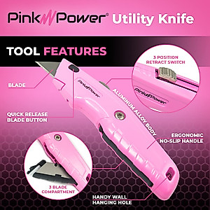 Pink Power Pink Box Cutter Retractable, Pink Utility Knife for Carpet, Box Cutter Knife Heavy Duty with 3 Blades and Storage Compartment - Box Opener Pocket Utility Pink Knife Tools for Women - 5 Pack