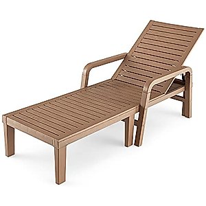 Tangkula Chaise Lounge Chair for Outside, Waterproof PP Patio Lounger with 4-Level Adjustable Backrest and Wood Texture Surface, Outdoor Recliner Chair with Armrests for Poolside Backyard (1, Natural)