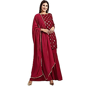 Janasya Indian Women's Maroon Rayon Kurti With Sharara And Dupatta(SET322-KR-SHA-XS)