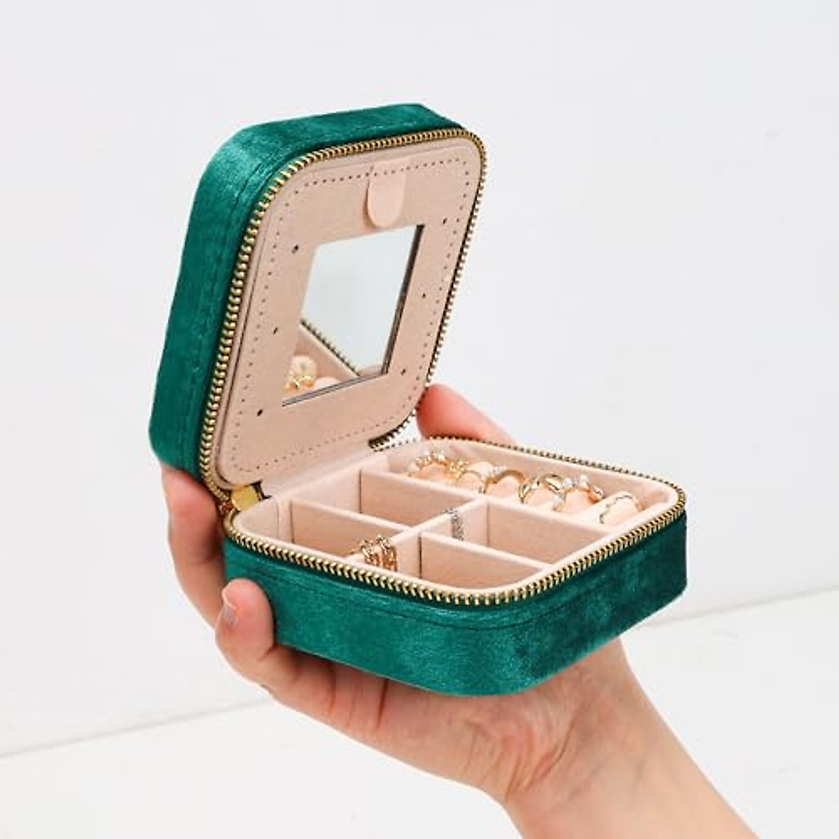 Fixwal Travel Jewelry Case with Mirror, Small Jewelry Organizer Box Plush Velvet for Women Girls Rings Earrings Necklaces Bracelet - Green