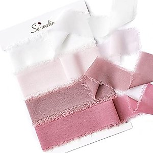 Serwalin Fringe Pink Chiffon Ribbon Silk Ribbon Set for Gift Wrapping 1.5" 6 Yd Fringe Frayed Edges Boho Wedding Ribbon Set for Bouquets Wrap,Wedding Invitations, Gifts Wrapping, Blush Pink