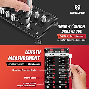 Gohelper Nut and Bolt Thread Checker, Used SUS304 Stainless Steel Thread, Bolt and Nut Identifier Gauge, Screw Bolt Size and Thread Gauge with 15 Standard & 12 Metric, 8 Drill Bit Gauge