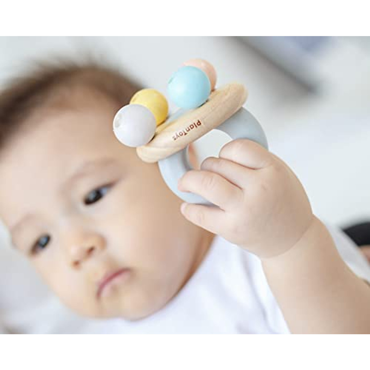 PlanToys Wooden Bell Rattle and Teether Toy (5250) | Pastel Color Collection |Sustainably Made from Rubberwood and Non-Toxic Paints and Dyes