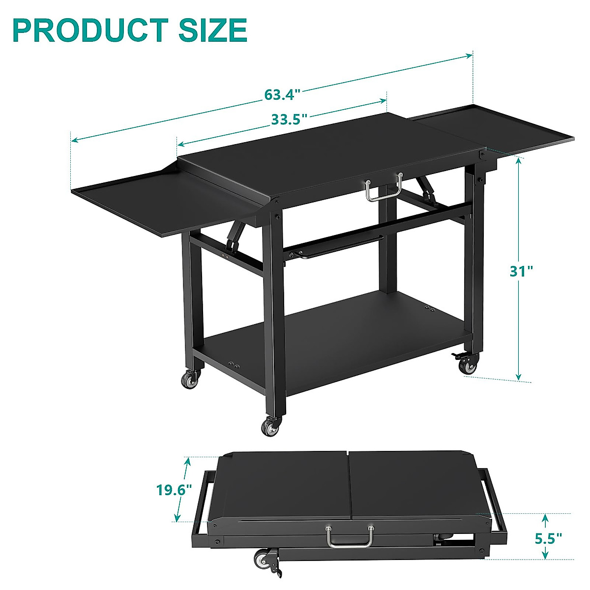 Upgrade Foldable Dining Cart Table, Movable Flattop Grill Cart Stand for Blackstone, Weber, Ninja, Portable BBQ Grill, Outdoor Pizza Oven and Other Grill Grddle, Grill Table Cart for Outside Camping