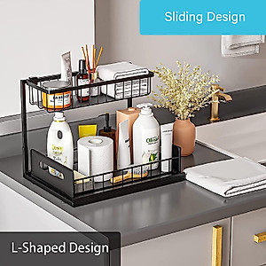 Fodayuse L-Shaped Under Sink Organizer with Sliding Design, Pull Out Cabinet Storage 2-Tier Shelf Under Cabinet Organizer Multi-Use for Kitchen Bathroom Sink Organizers and Storage cabinet, Metal