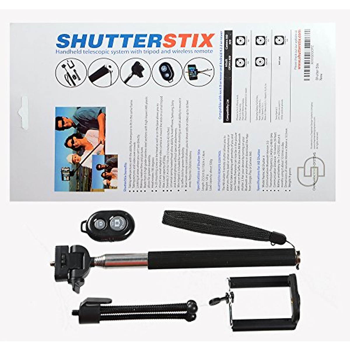 Extra-long Durable Selfie Stick Kit with Tripod by Shutterstix for iPhones, Samsung, Hero & Compact Cameras, with Bonus Tripod, Bluetooth Wireless Remote Control; Latest Version, Light-weight & Compact