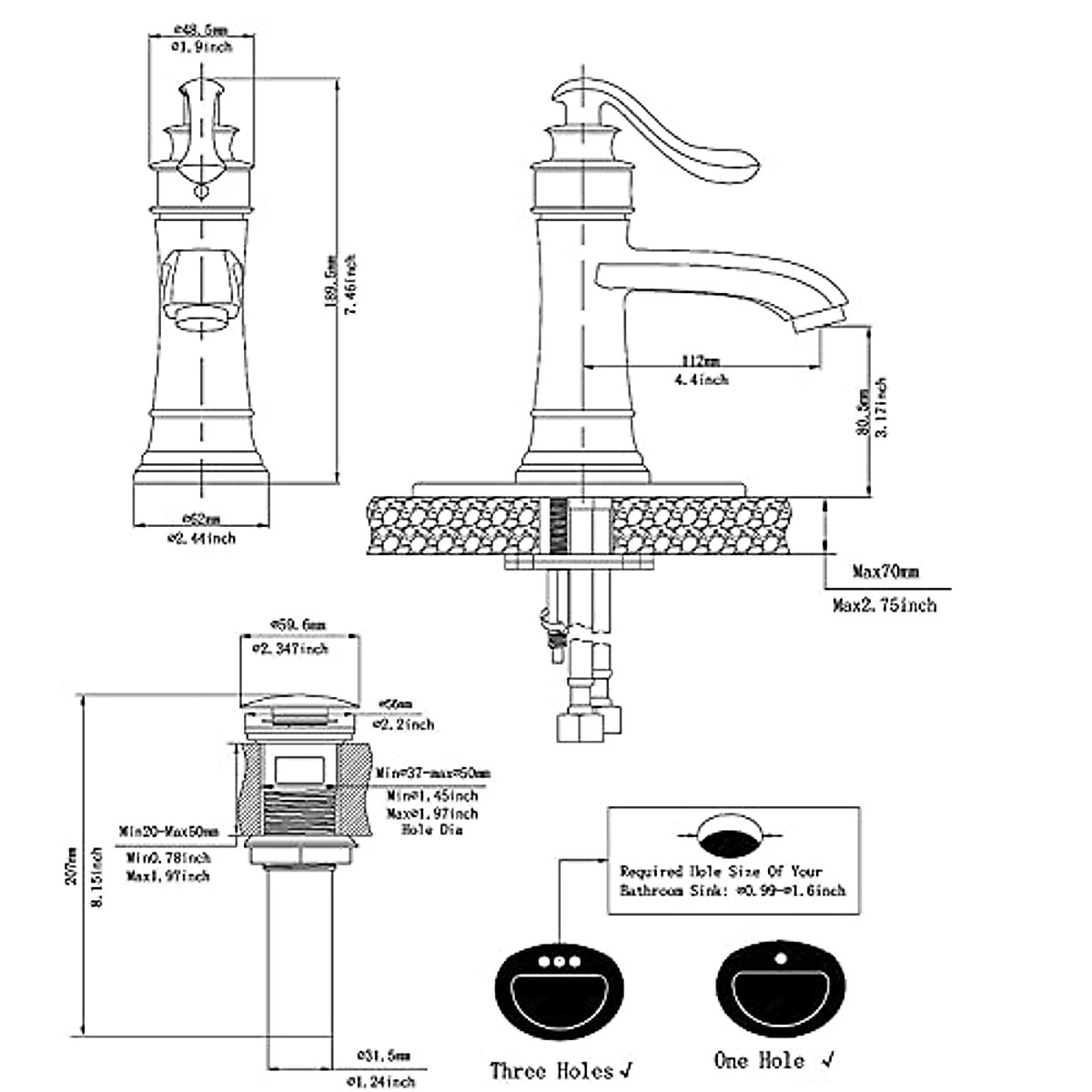 Bathfinesse Brushed Nickel Bathroom Faucet Bathroom Sink Faucets&Parts with Pop Up Drain Assembly Vanity Bath Deck Mount Single Handle Single Hole Commercial Trough Stream Water Supply Lines Lead-Free
