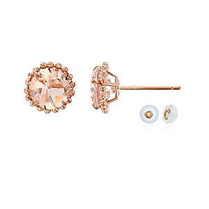 10K Rose Gold 5mm Round Morganite with Bead Frame Stud Earring with Silicone Back