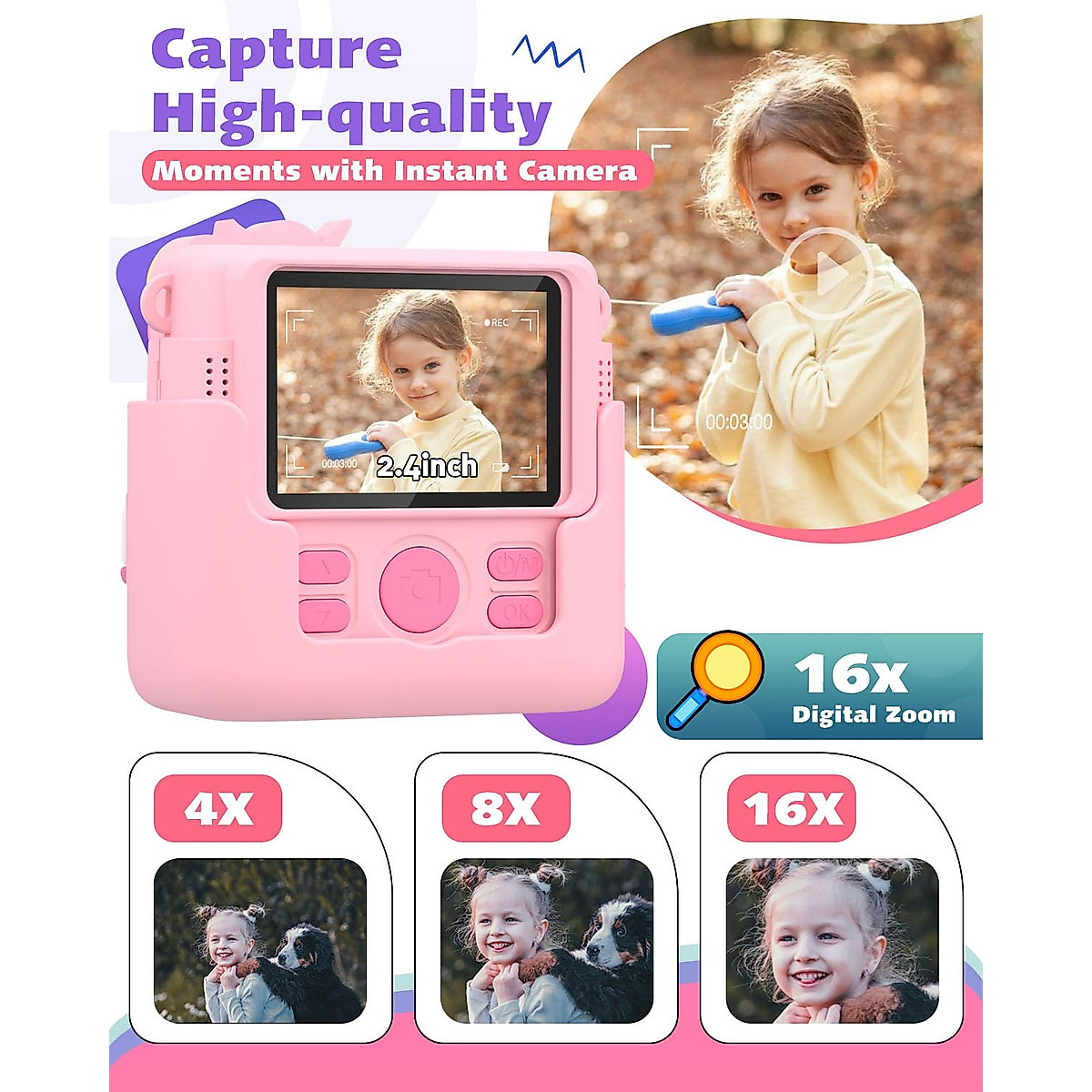 Sueseip Kids Instant Print Camera, 2.4 Inch Screen 1080P Kids Camera for Girls with Flash, Christmas Birthday Gifts for Girls 3 4 5 6 7 8 9 10 Year Old with 3 Rolls of Photo Paper and a 32G Card