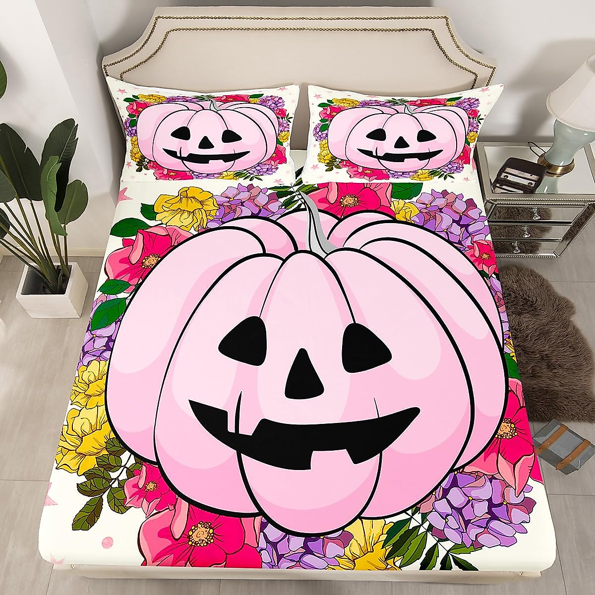Pink Halloween Bed Sheet Set Full Size Pumpkin Lantern Fitted Sheet for Kids Boys Girls Flower Floral Bedding Set Trick or Treat Bed Cover Deep Pocket Bedroom Bed Set