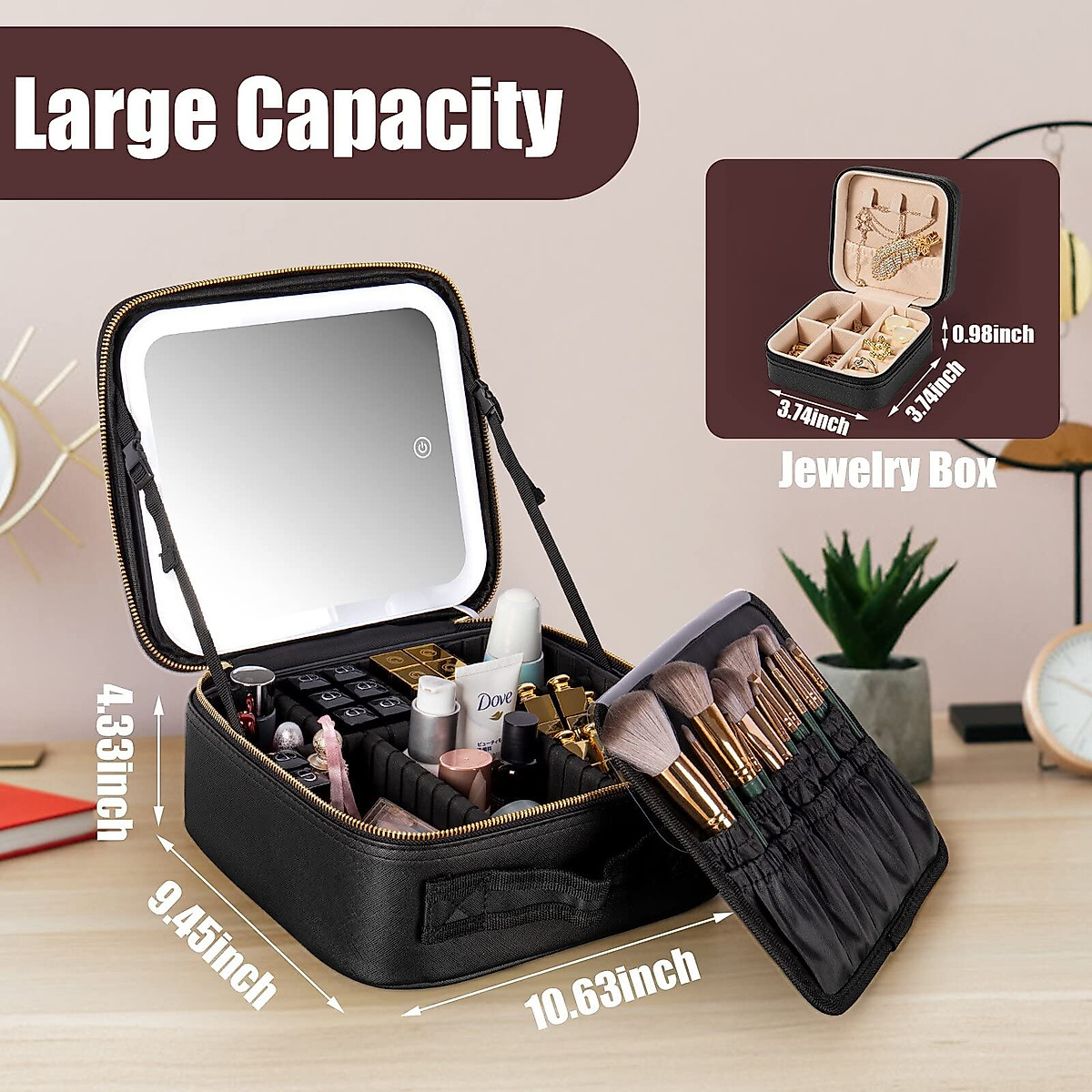 Extrei Gent Makeup Travel Train Case with Mirror LED Light 3 Adjustable Brightness Cosmetic Bag Portable Storage Adjustable Partition Waterproof Brushes Makeup Jewelry Gift for Women, Black