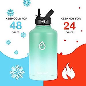 TAKETAU Insulated Sports Water Bottle with Straw Cap & Spout Lid, 2 lids Stainless Steel 64 oz Half Gallon Double Wall Growler Vacuum Flask Wide Mouth Large Thermos, Keep Drinks Cold or Hot (64 Jade)